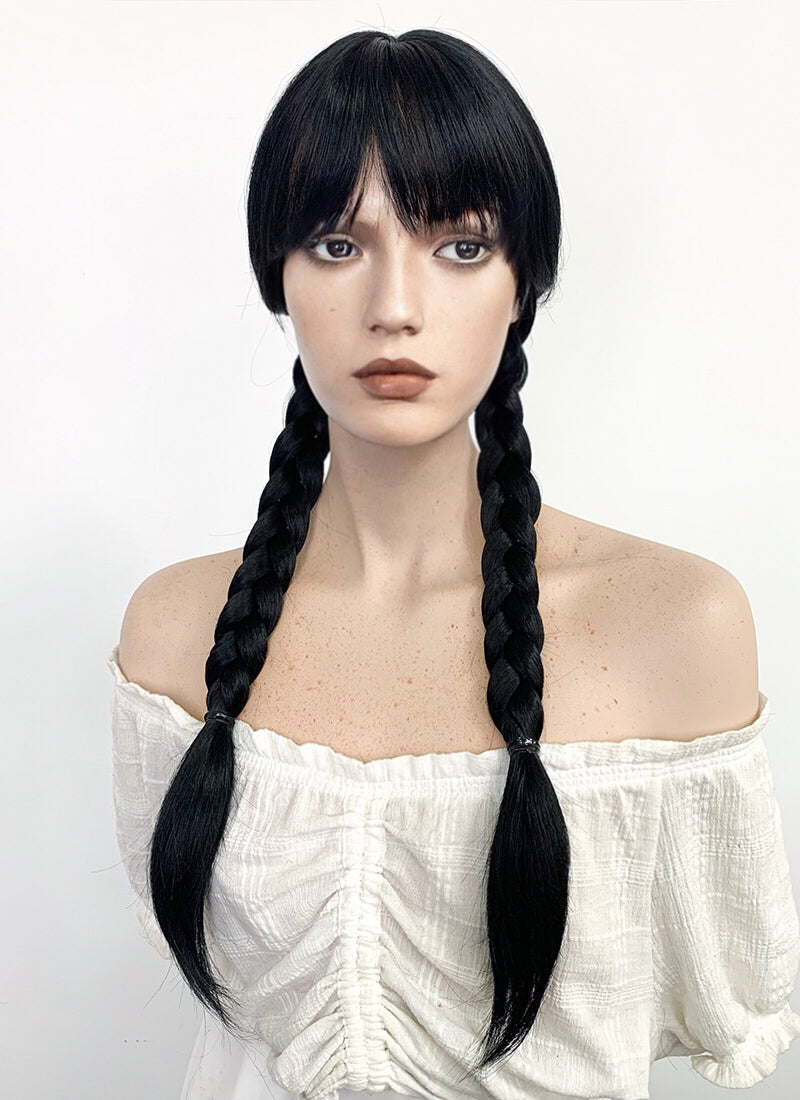 Wednesday Addams Long Straight Jet Black Braided Cosplay Wig TBZ871A ...