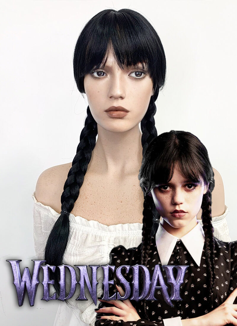 Wednesday Addams Long Straight Jet Black Braided Cosplay Wig TBZ871A ...